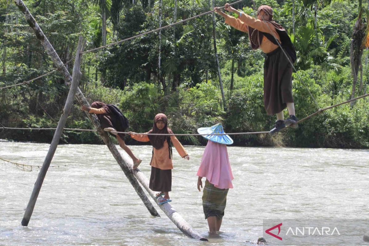 Perjuangan pelajar di Aceh Barat meniti jembatan tali baja untuk sekolah - ANTARA News
