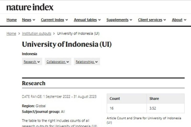 UI raih institusi terunggul dalam publikasi ilmiah versi Nature Index - ANTARA News